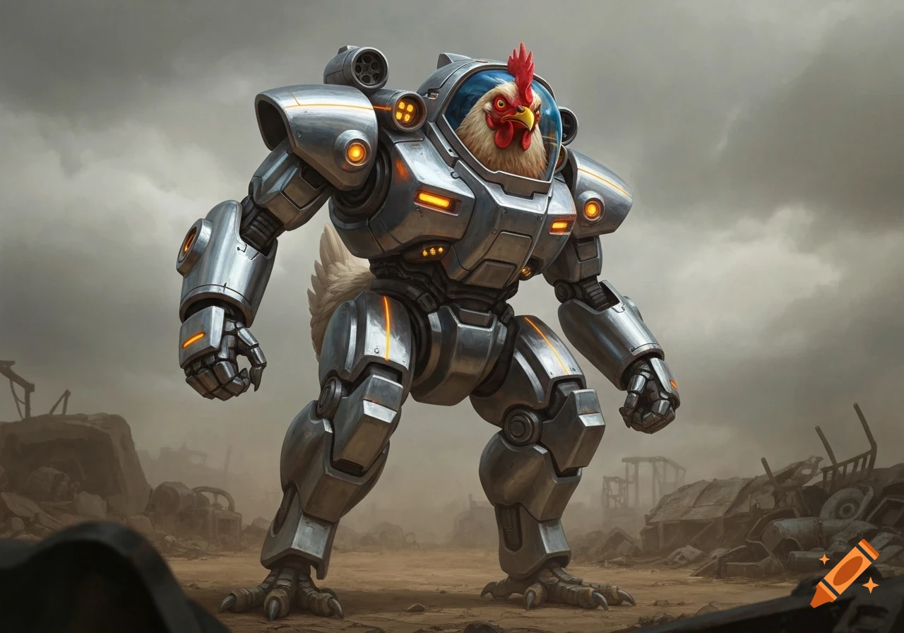 A proud chicken in a futuristic silver mech suit with glowing orange ...
