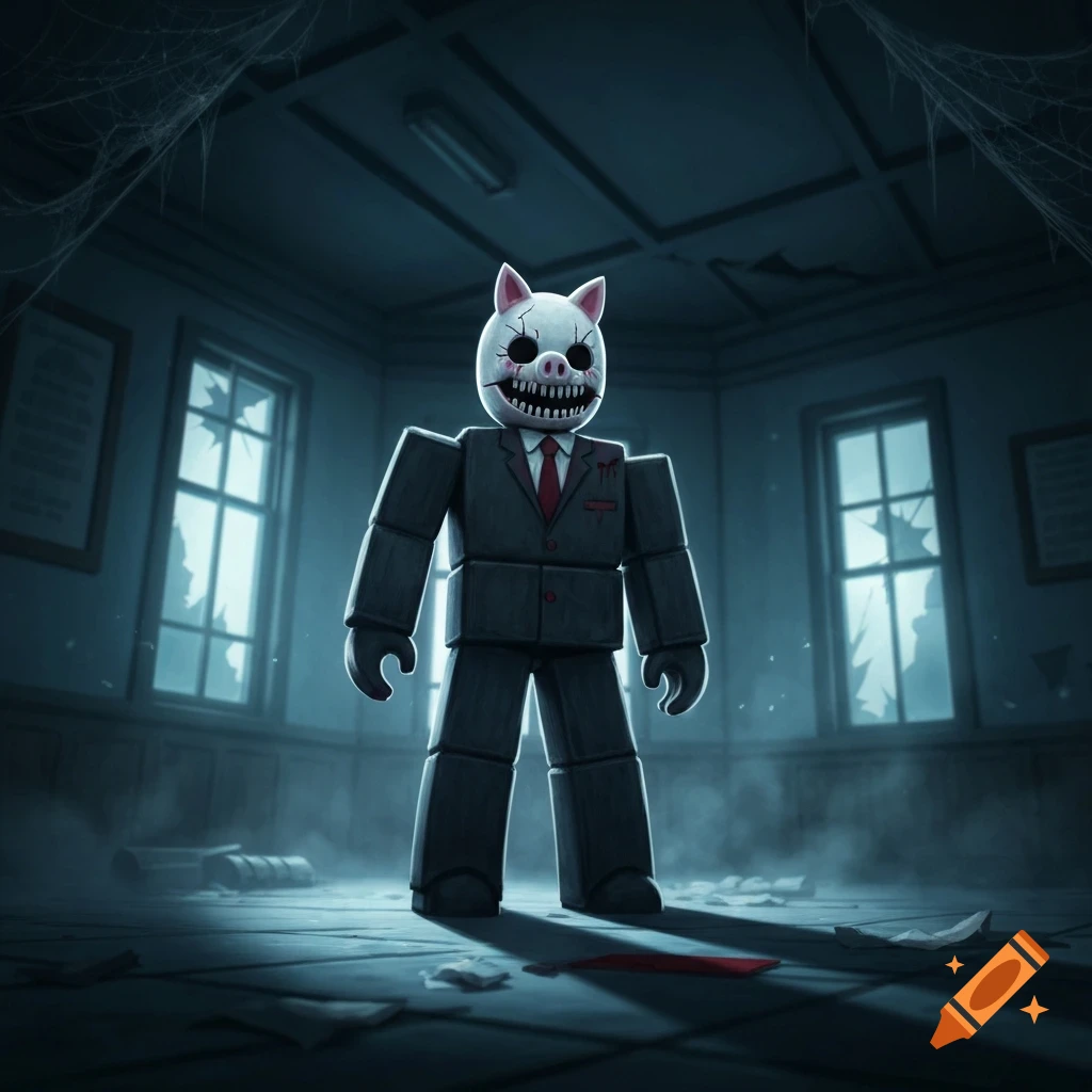 A blocky character in a suit and a scary pig mask stands in a dark ...