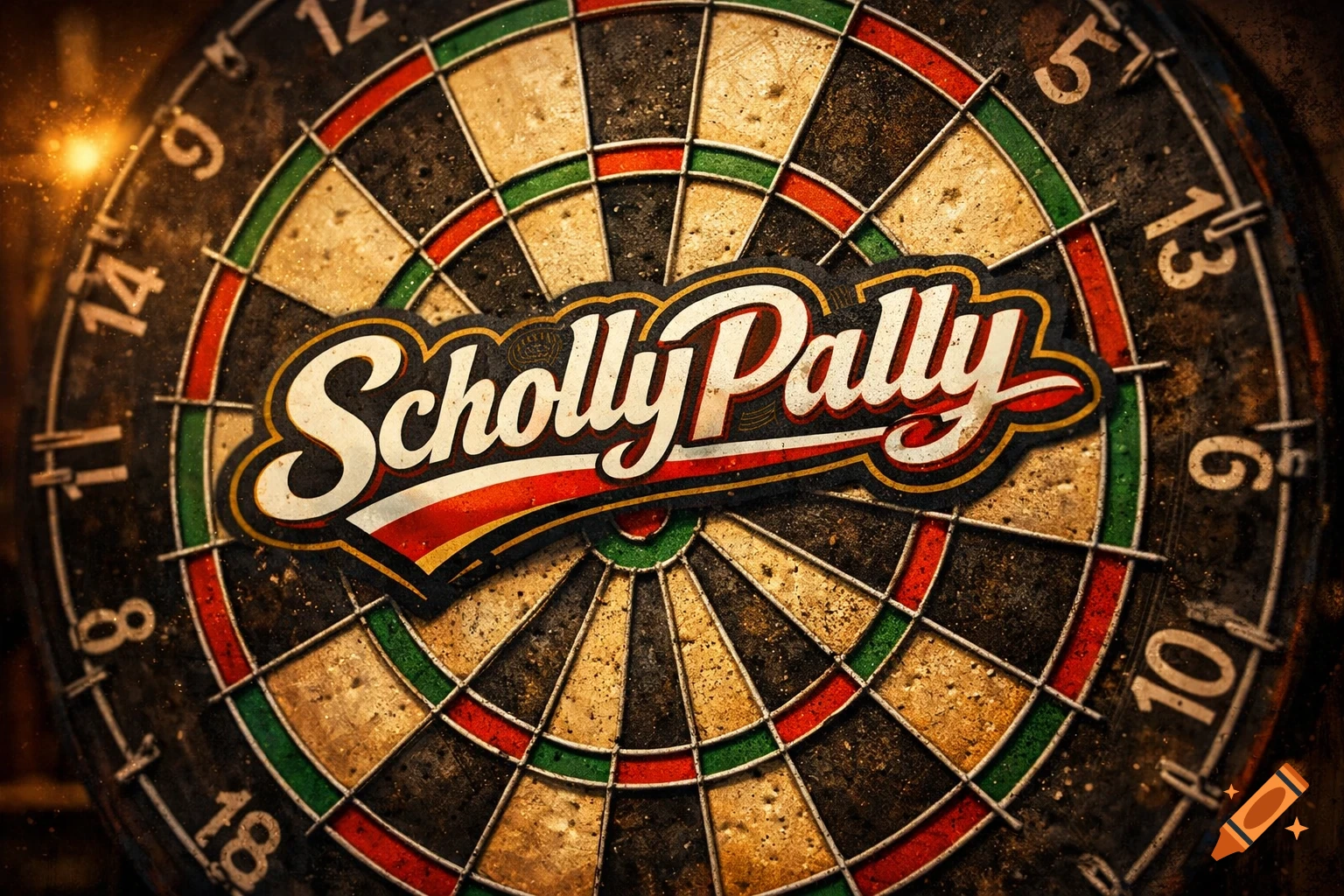 Grunge-style dartboard with 'SchollyPally' logo in the center ...