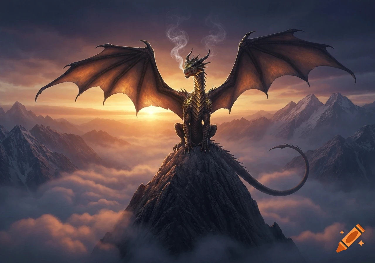 A majestic dragon with outstretched wings sits atop a jagged mountain ...