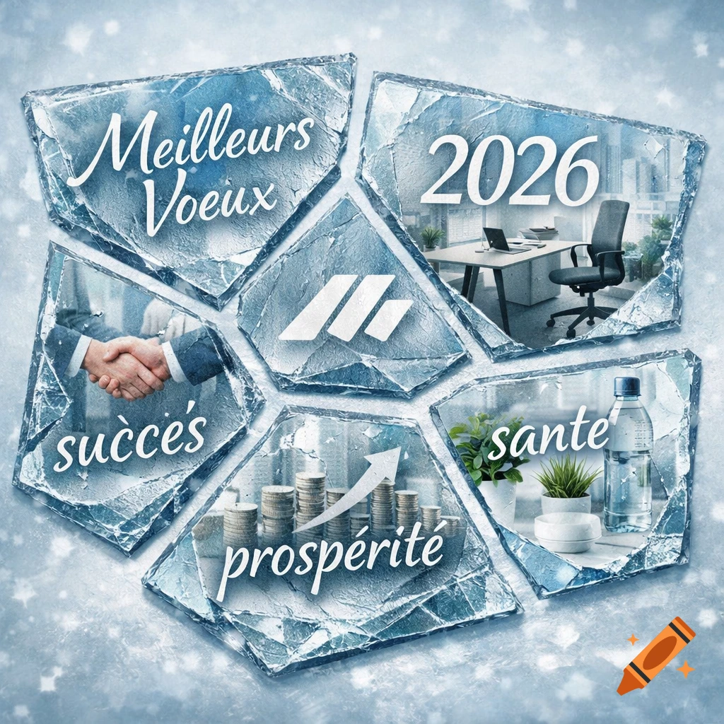 A mosaic-style New Year greeting card with ice shards containing images ...