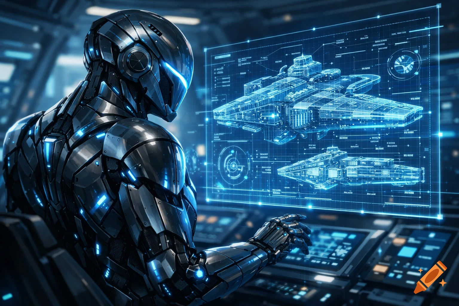 A futuristic robot in a control room views glowing blue holographic ...