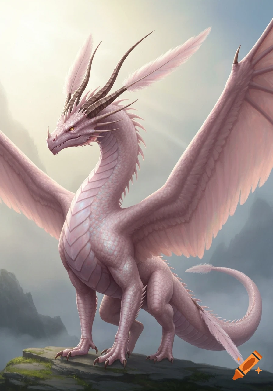 A pale pink dragon with feathery horns, wings, and tail tip, sits ...