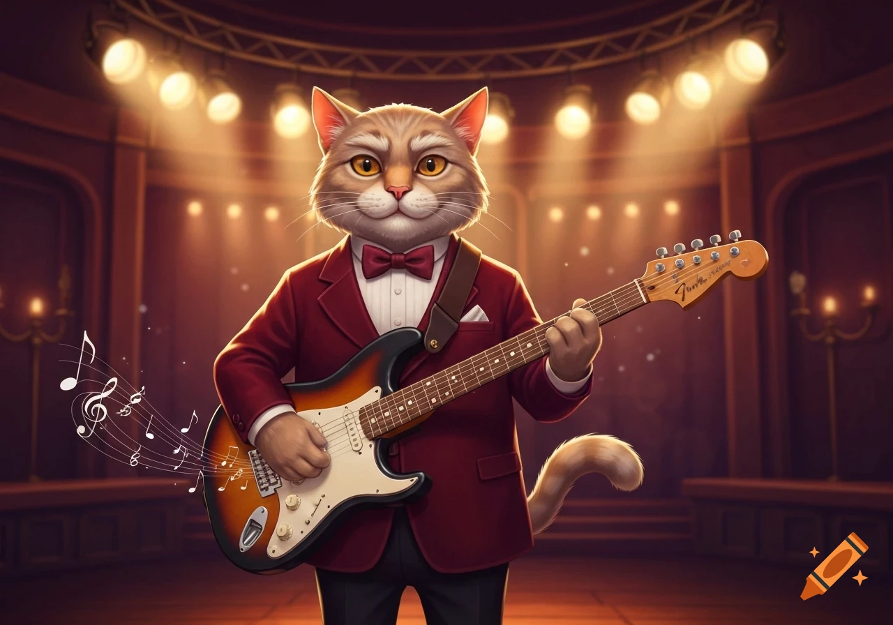 A cartoon cat in a red tuxedo plays an electric guitar on a spotlighted ...
