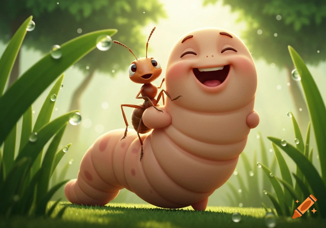 A cute, smiling cartoon worm with an ant riding on its back through ...