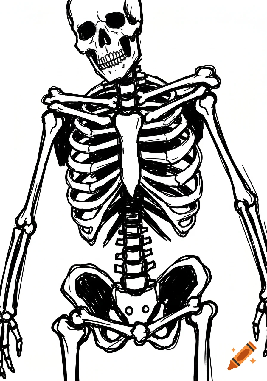 A crude, black and white sharpie drawing of a human skeleton, showing ...