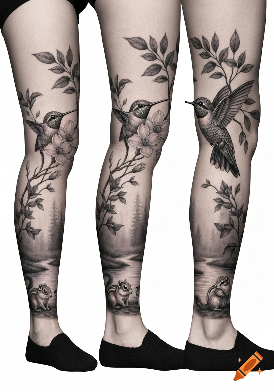 Full calf sleeve tattoos in black and grey realism depict hummingbirds ...