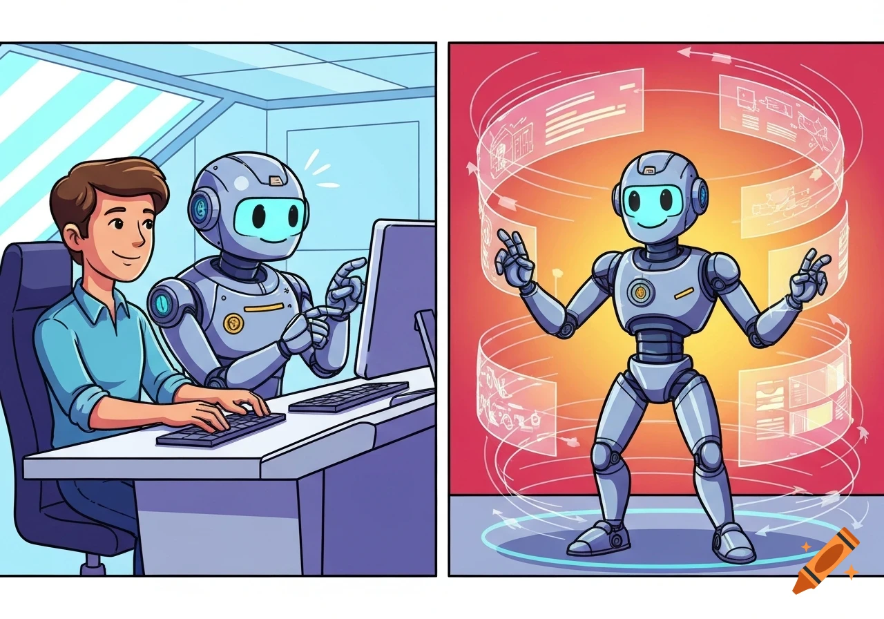 Cartoon panels depict a human and robot collaborating at a computer ...