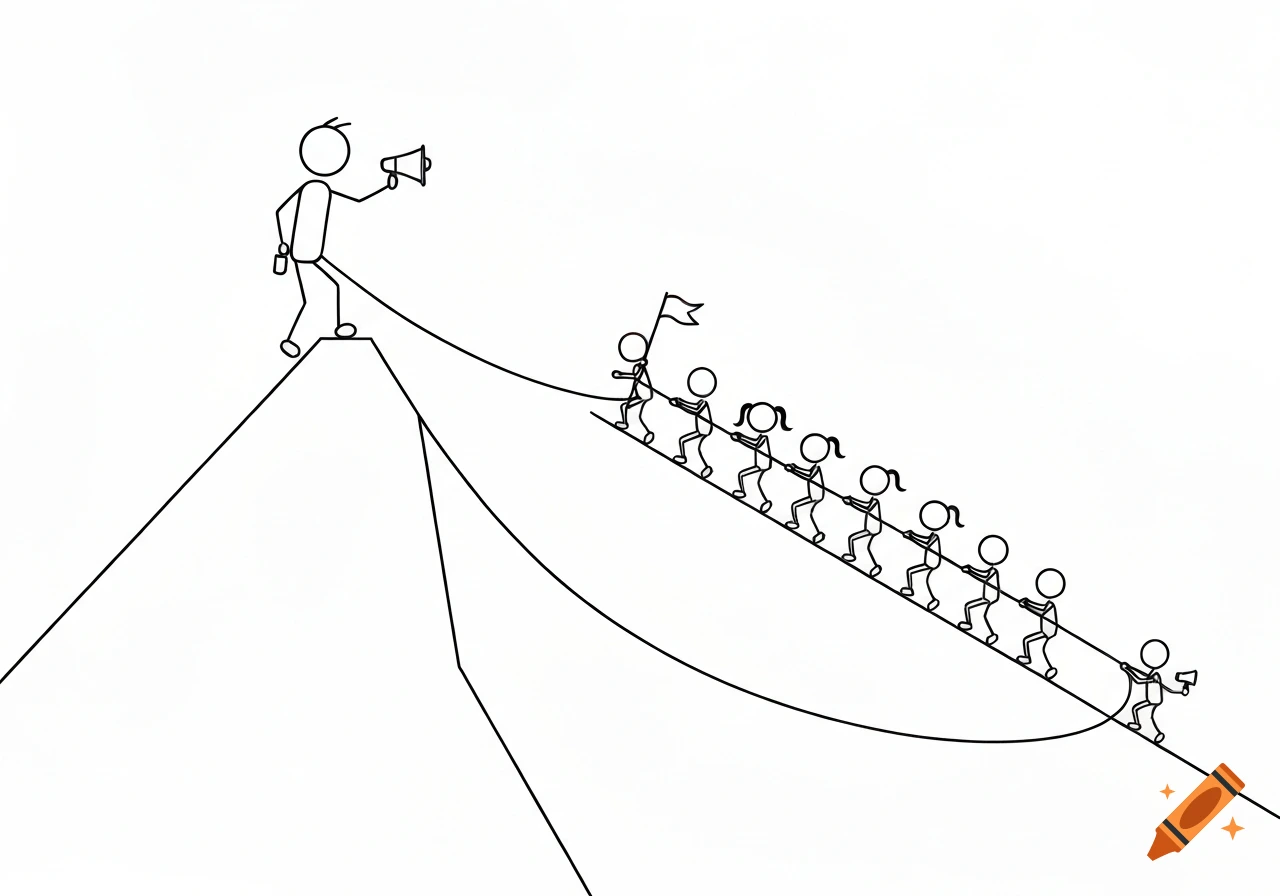 A black and white minimalist drawing of a stick figure leader with a ...