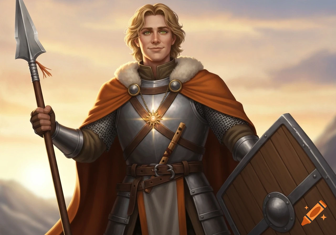 A blonde, green-eyed male paladin in chainmail armor and an orange ...