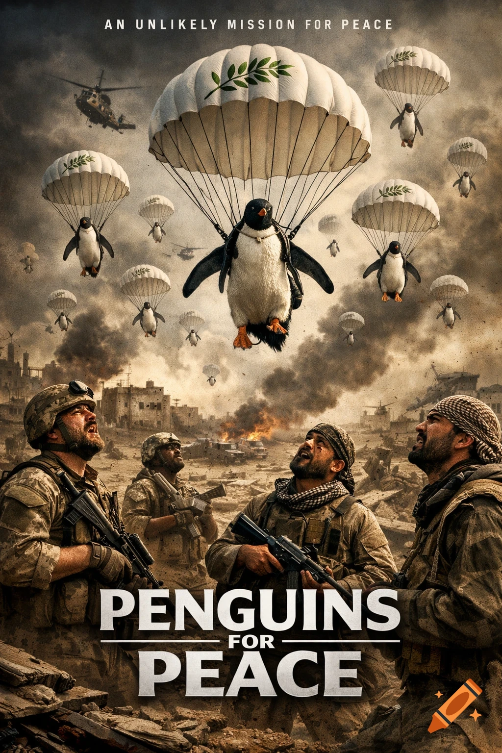 A movie poster titled 'Penguins for Peace' shows penguins parachuting ...