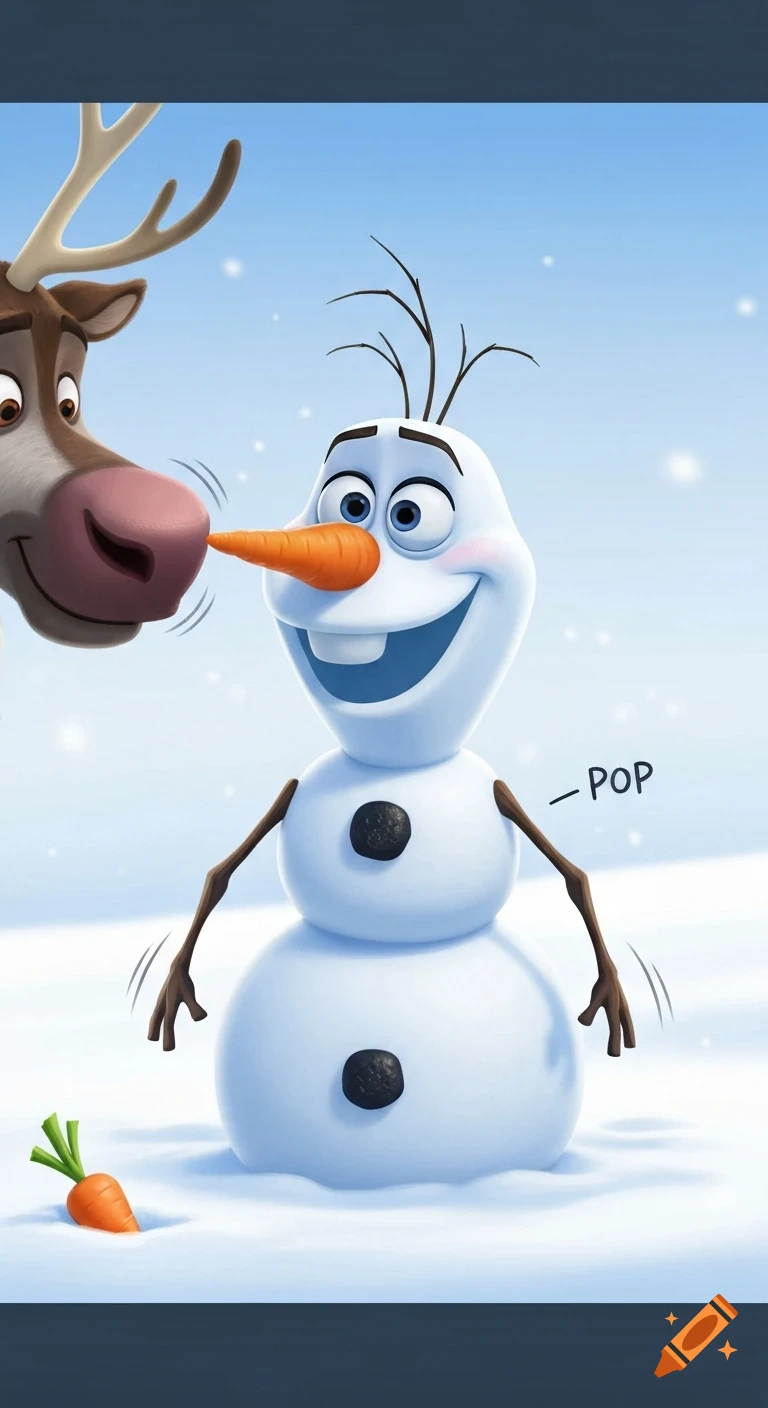 An animated Olaf the snowman smiles as Sven the reindeer's nose touches ...