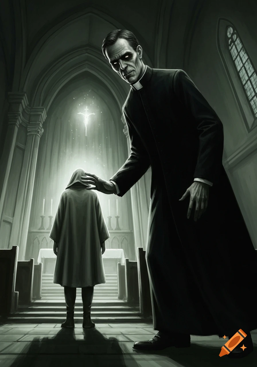 A menacing priest with glowing eyes places a hand on a hooded figure in ...