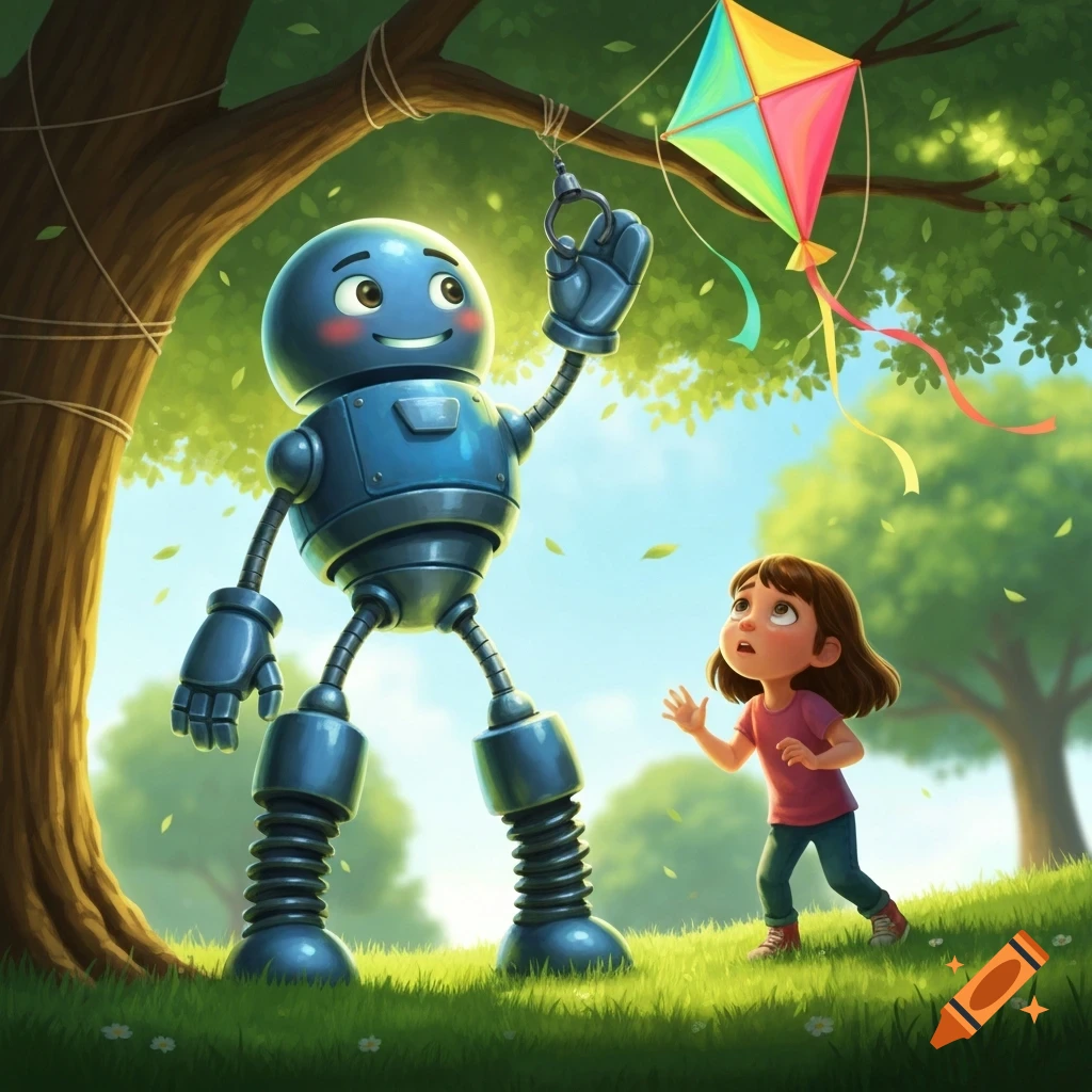 A friendly blue robot helps a young girl retrieve her colorful kite ...