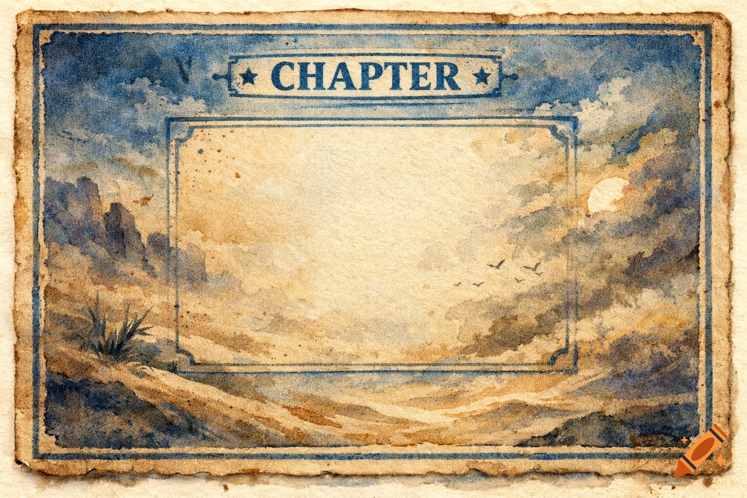 Vintage watercolor illustration of a desert landscape on coffee-stained ...