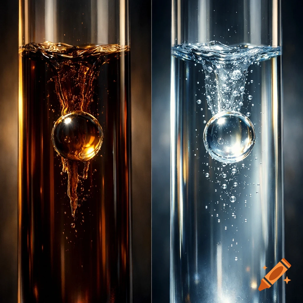A split image shows a sphere falling into a viscous brown liquid in a ...