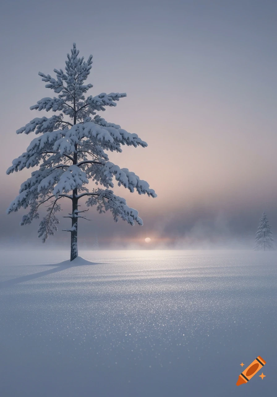 A snow-covered pine tree stands in a misty, snowy field under a pastel ...