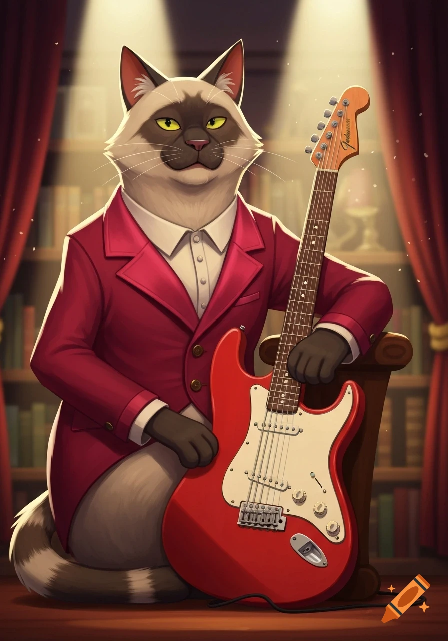 Cartoon Siamese cat in a red suit holding a red electric guitar ...