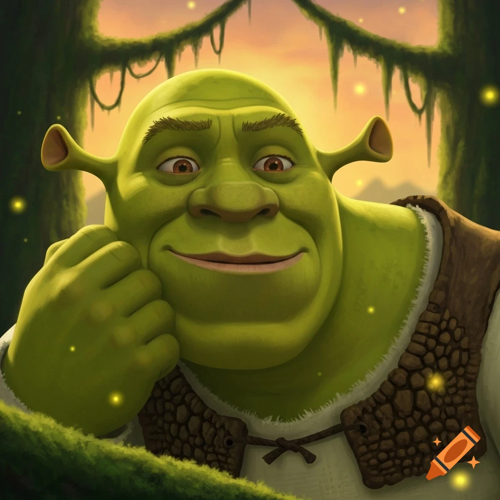 Close-up of a smiling Shrek in a swamp at sunset, with glowing ...