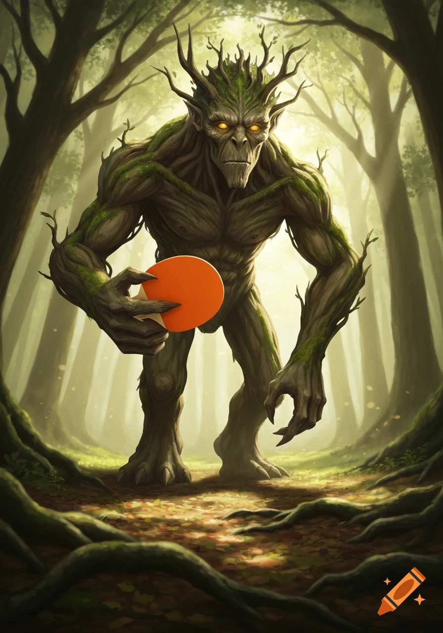 A large, menacing Ent, a tree-like creature with glowing yellow eyes ...