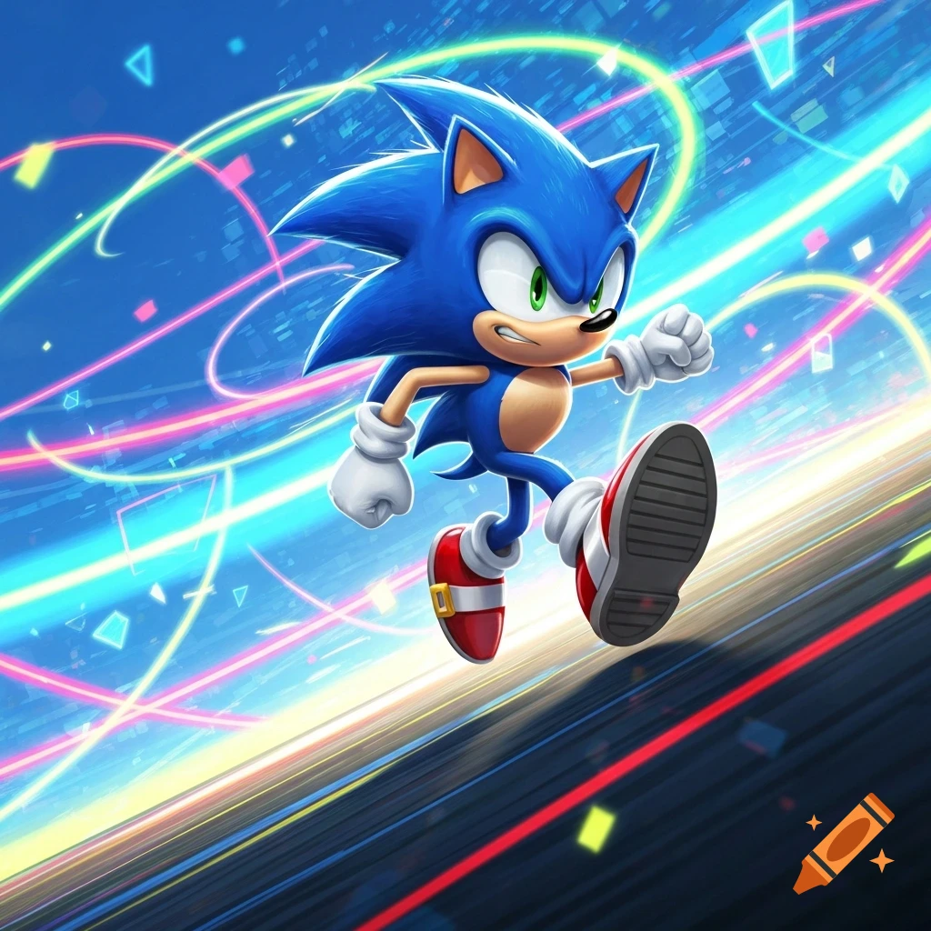 Sonic the Hedgehog runs intensely on a dark track against a dynamic ...