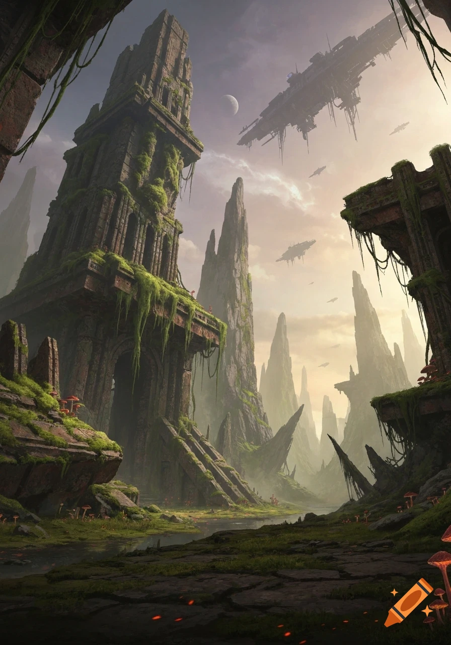 Detailed fantasy landscape with ancient moss-covered ruins, towering ...
