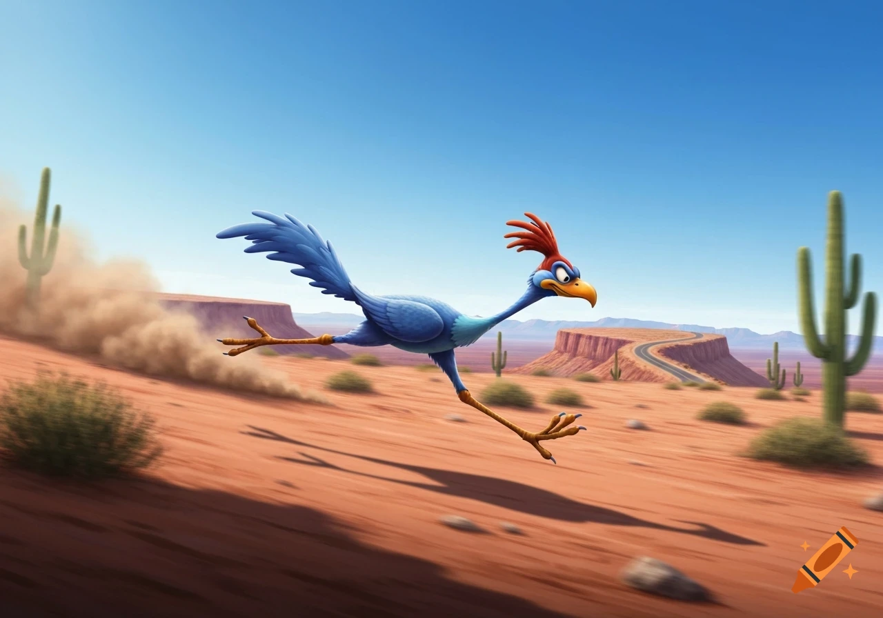 The Road Runner cartoon character sprints across a desert landscape ...