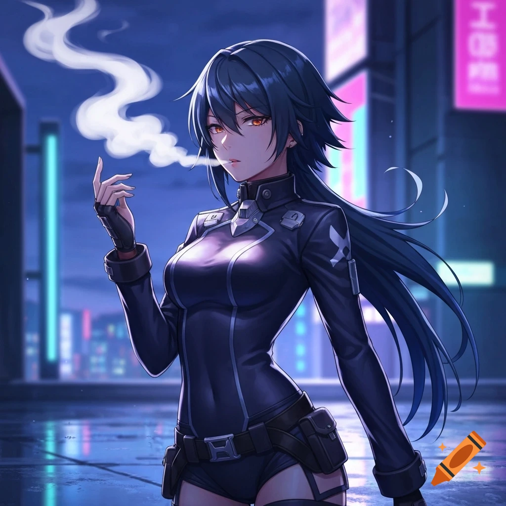 An anime character with dark hair and orange eyes, wearing a black ...