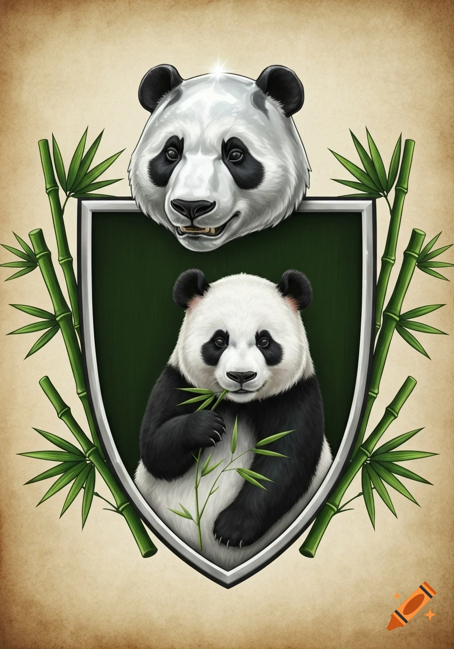 Detailed fantasy illustration of a crest with a panda eating bamboo and ...