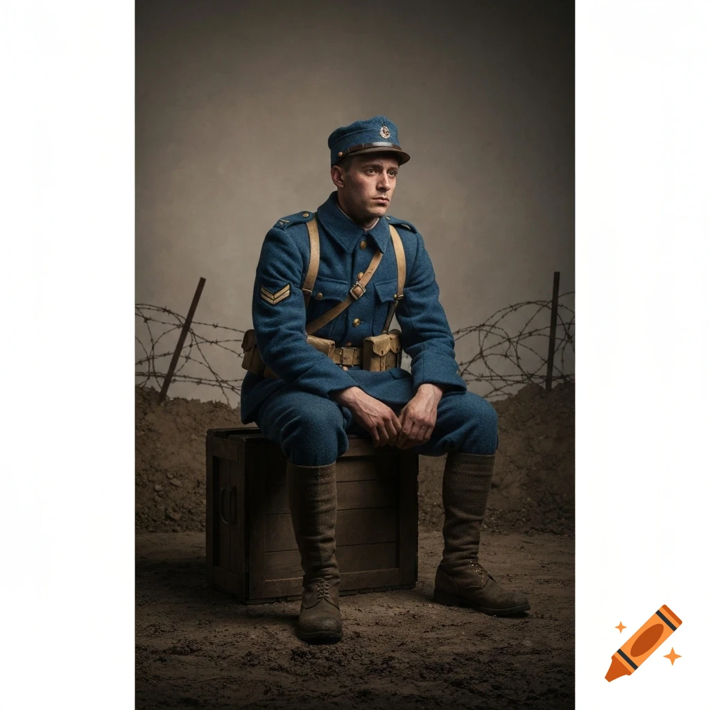 Photorealistic portrait of a French WWI soldier in blue uniform ...