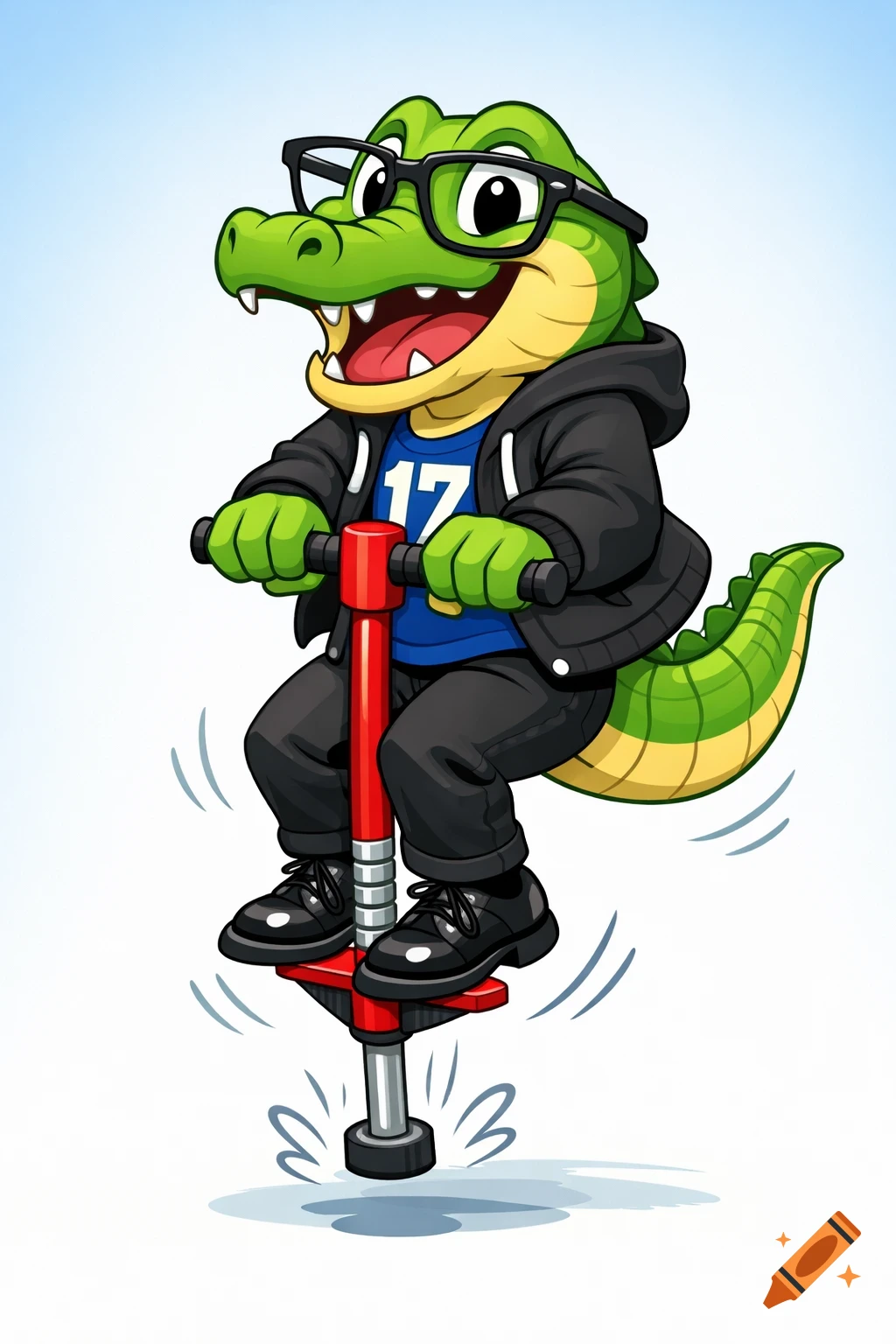 A friendly anthropomorphic cartoon alligator wearing glasses, a hoodie ...