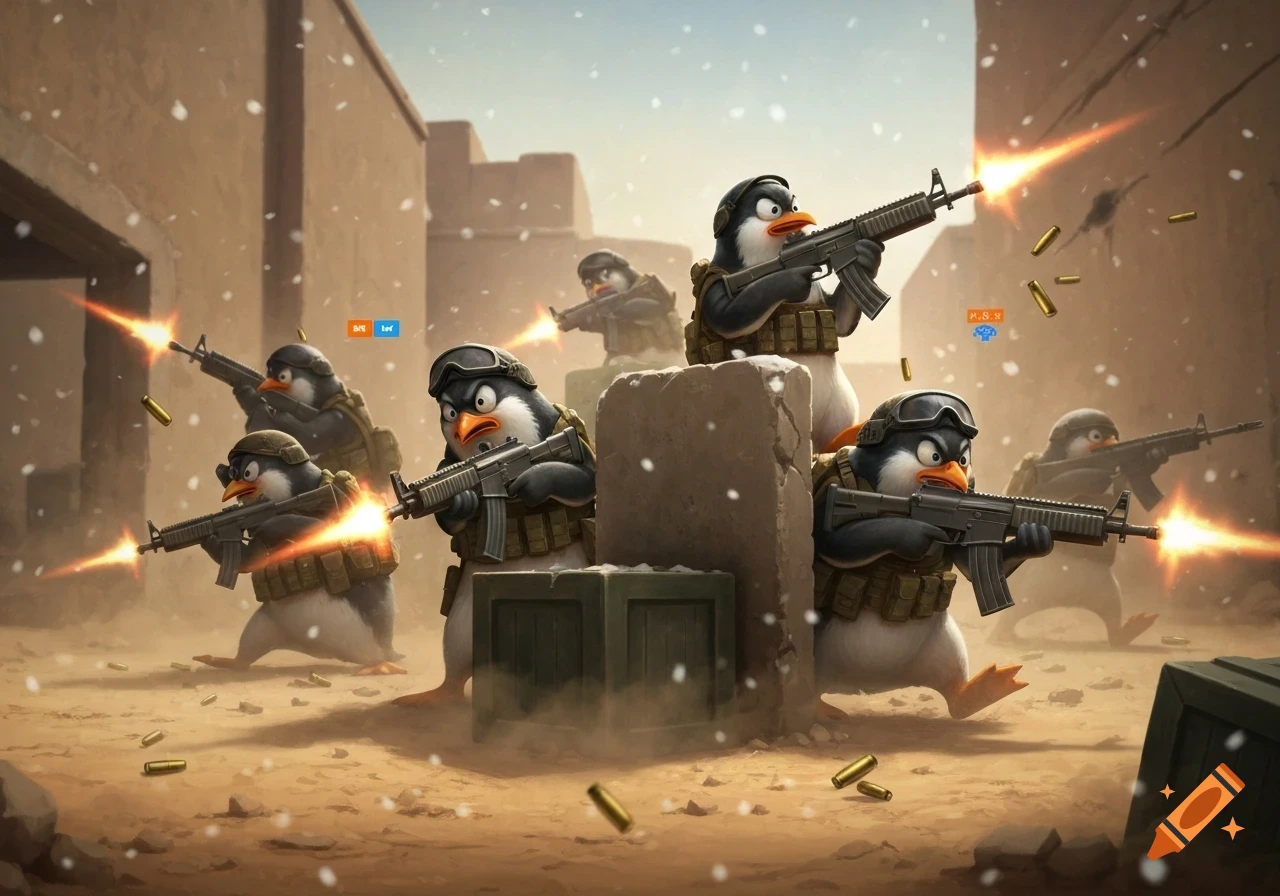 Cartoon penguins in military gear firing rifles in a snowy desert ...
