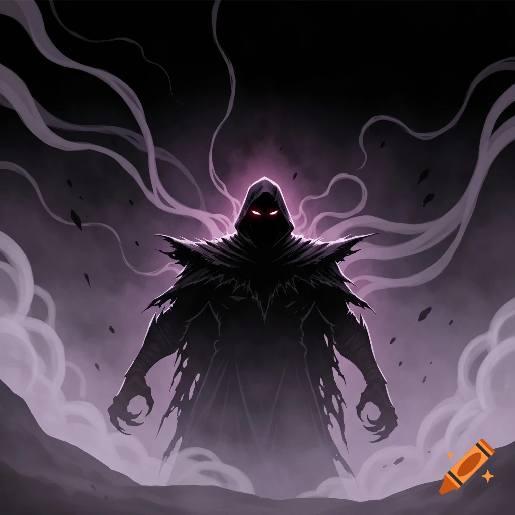 A comic book style illustration of a shadowy cloaked figure with ...