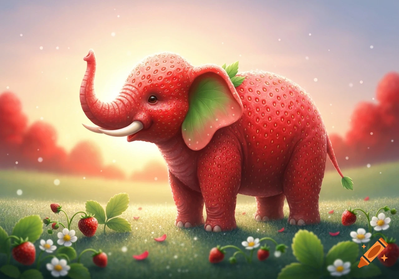 A whimsical red elephant with strawberry-patterned skin and green ...