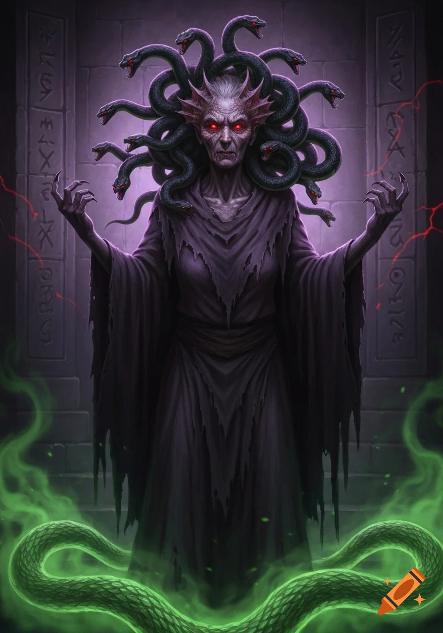 A monstrous old woman with scaly skin, red devil eyes, and snakes for ...