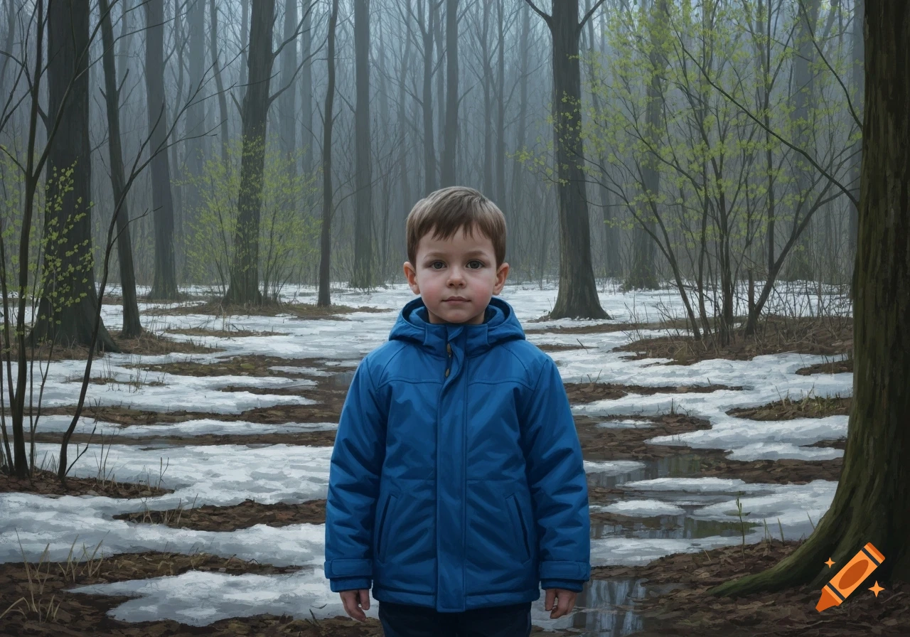A young boy in a blue jacket stands in a misty forest with melting snow ...