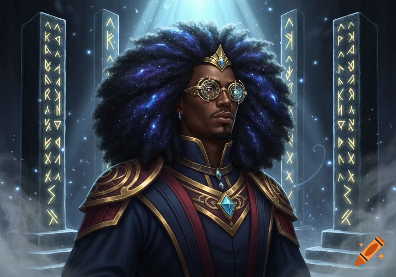 A dark-skinned fantasy man with cosmic afro hair and intricate ...