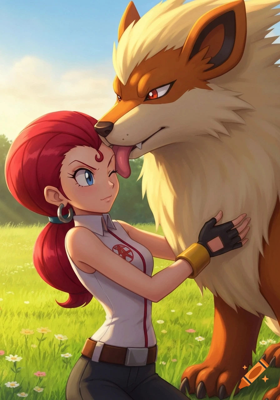 Jessie from Pok r emon hugging a large Arcanine, which licks her cheek ...