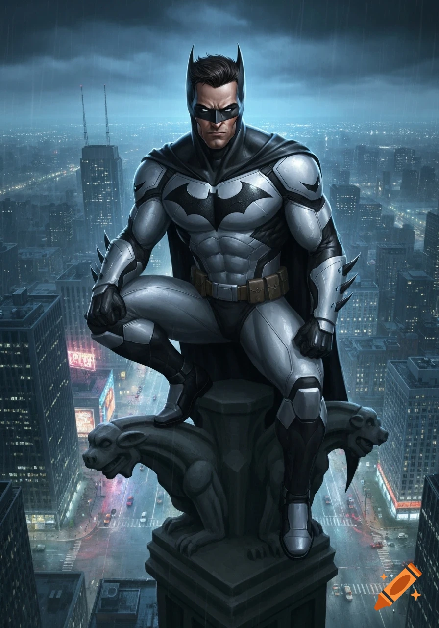 A handsome Batman-like superhero in a grey and black suit perches on a ...