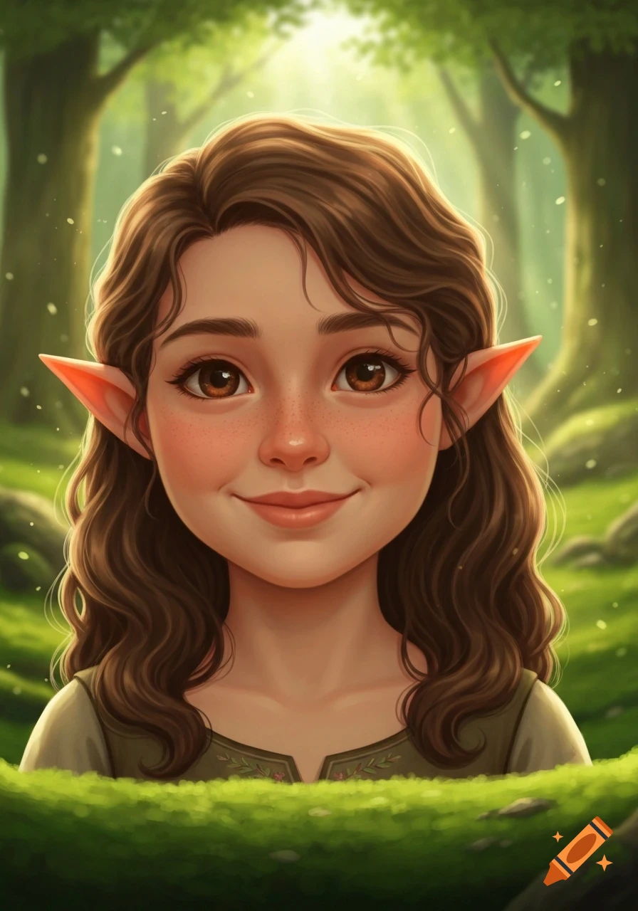 Close-up of a smiling, young elf maiden with wavy brown hair, brown ...