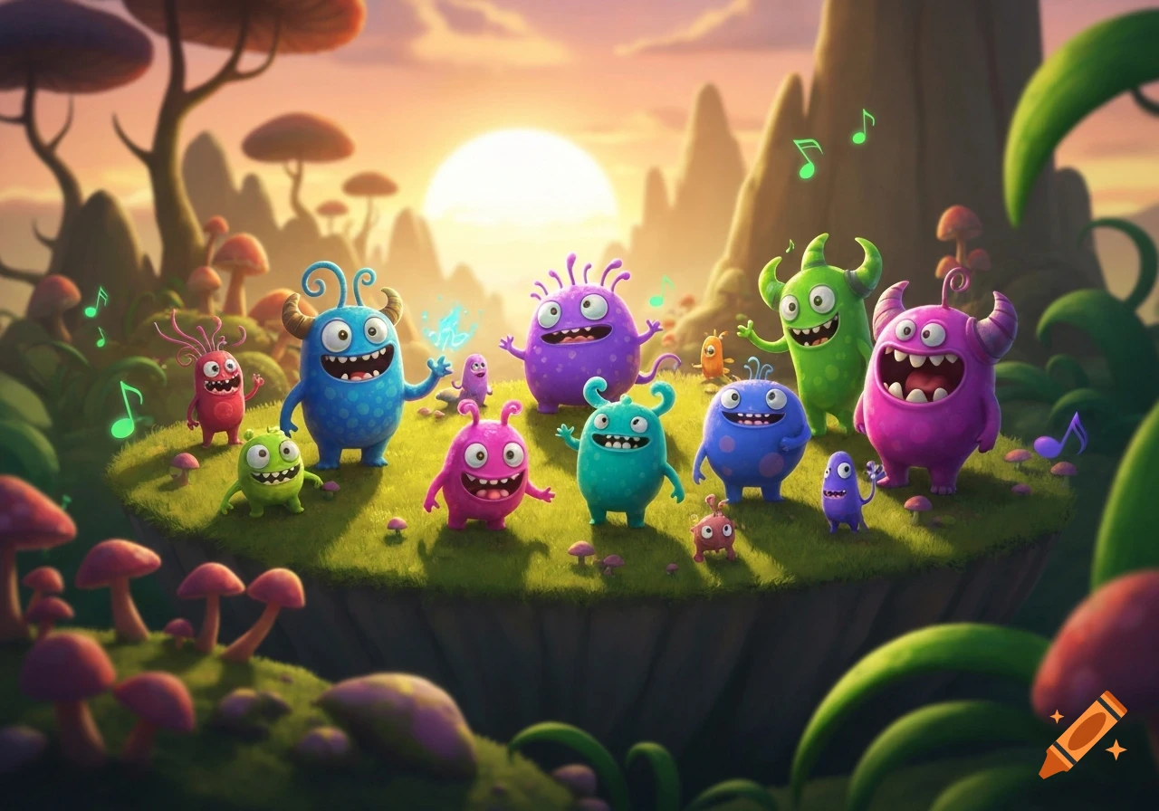 Colorful cartoon monsters singing and dancing on a grassy hill with ...