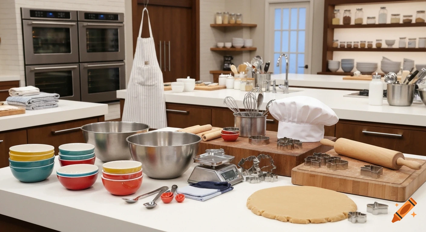 A well-lit kitchen island counter features baking supplies: metal and ...