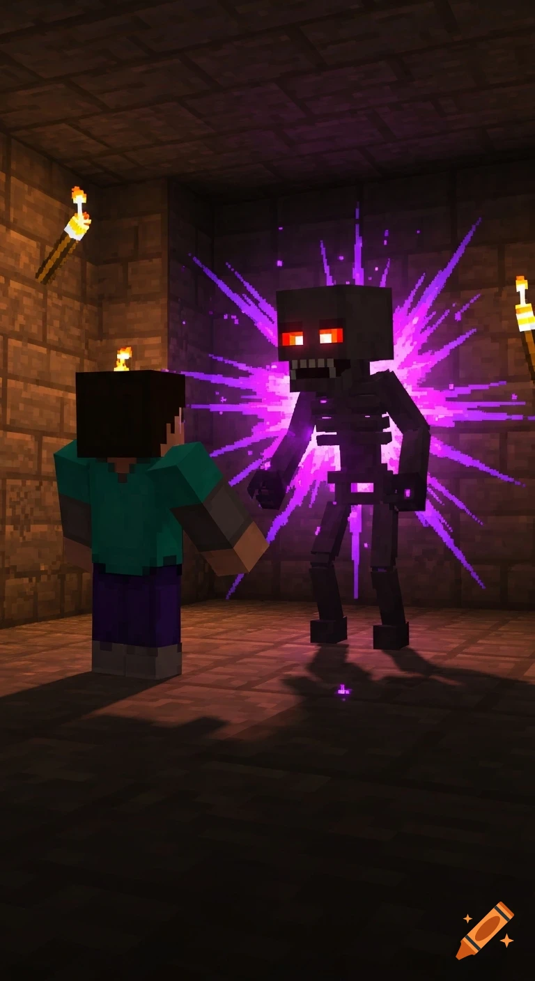 A Minecraft player faces a Wither Skeleton with glowing red eyes and ...