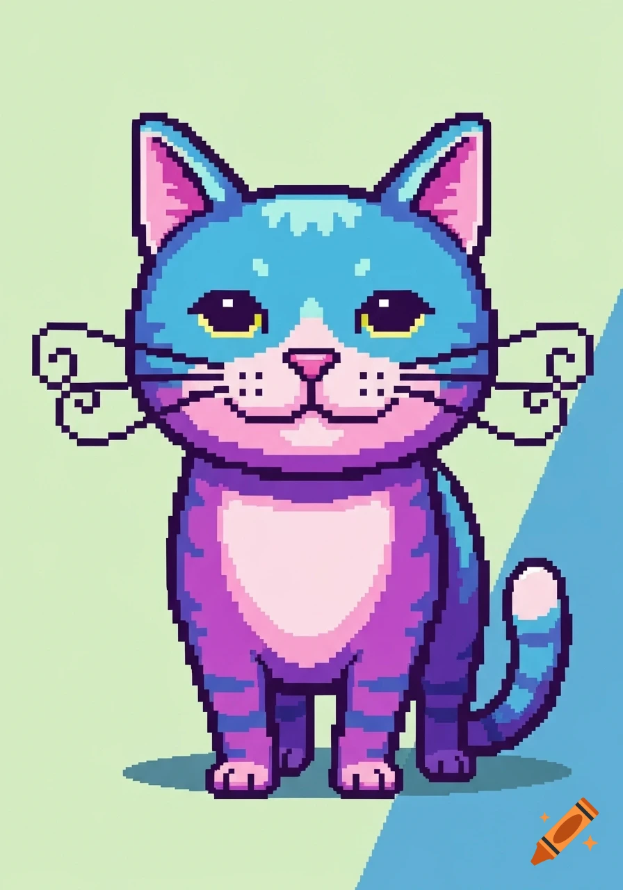 A pixel art cat with blue, pink, and purple gradient fur, curled ...