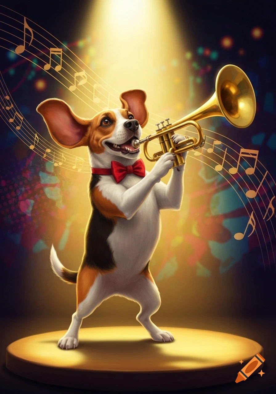 A cartoon beagle dog in a red bow tie plays a golden trumpet on a ...