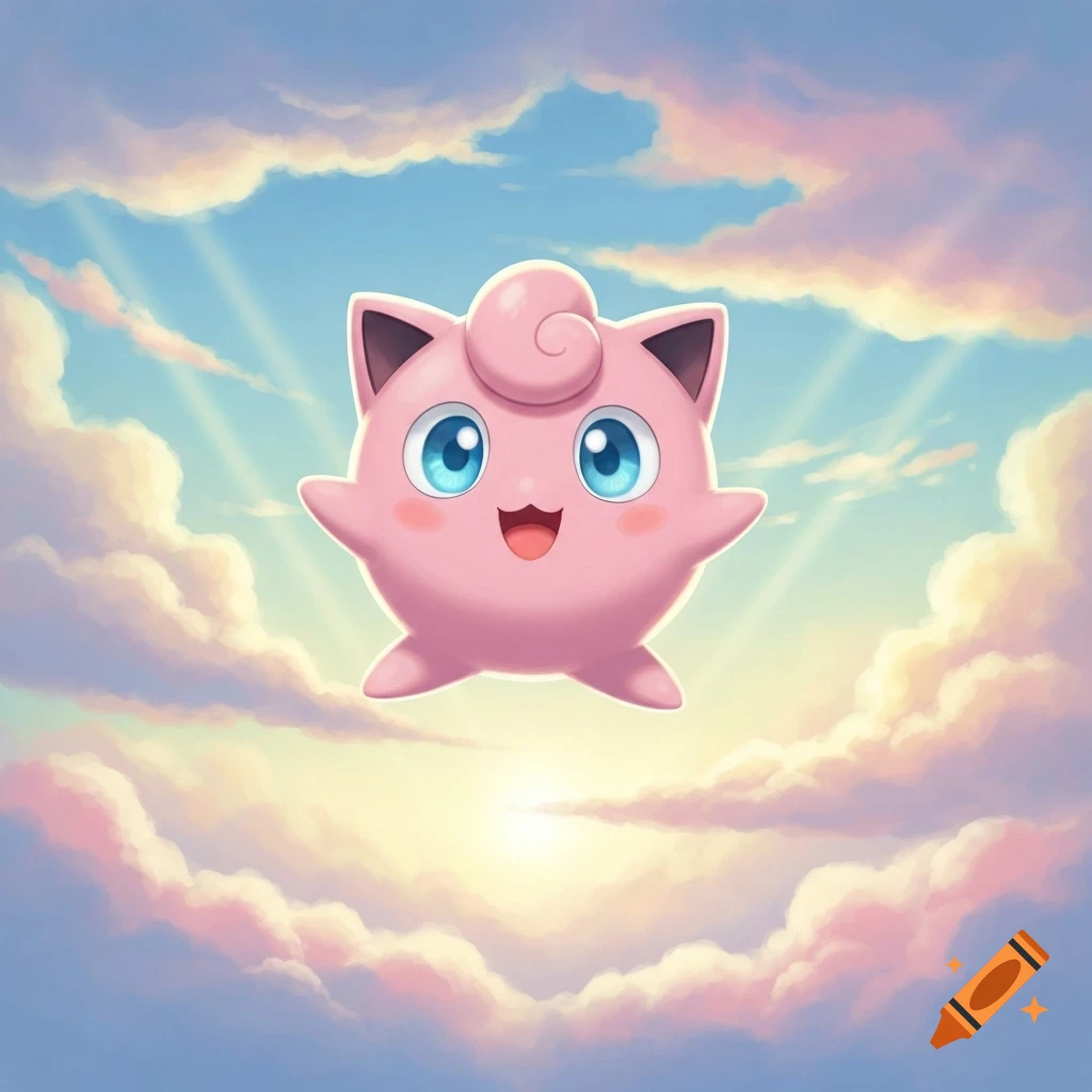 Pink Jigglypuff with blue eyes floats smiling in a bright blue sky with ...