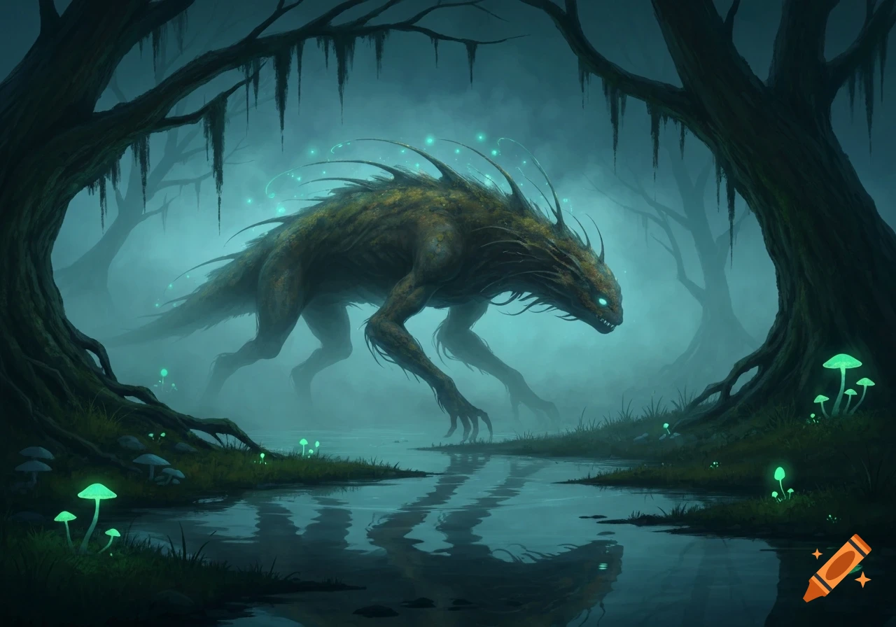 A large, scaly cryptid with glowing eyes and spikes stands in a dark ...