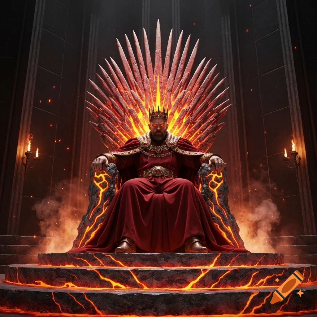 A powerful king with glowing red eyes sits on a menacing throne of fire ...