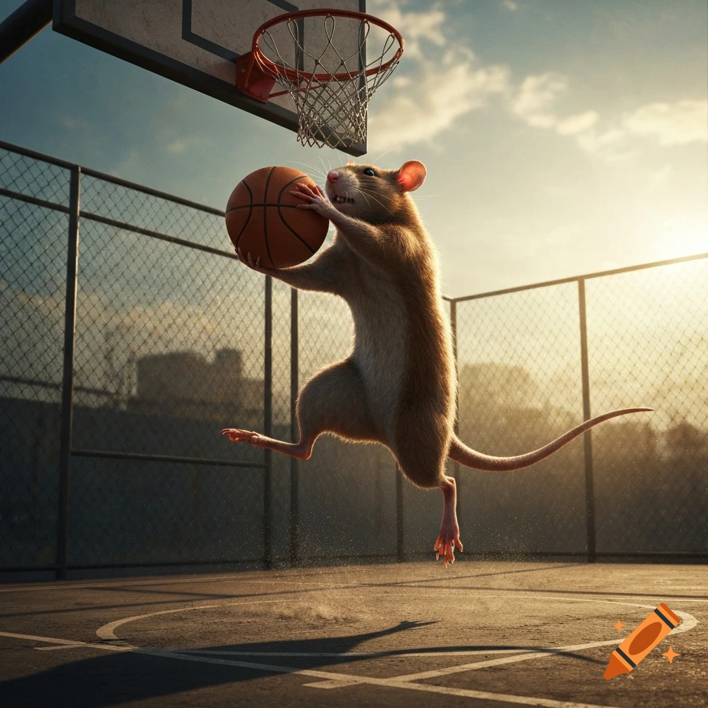 A realistic rat leaps towards a basketball hoop, holding a basketball ...