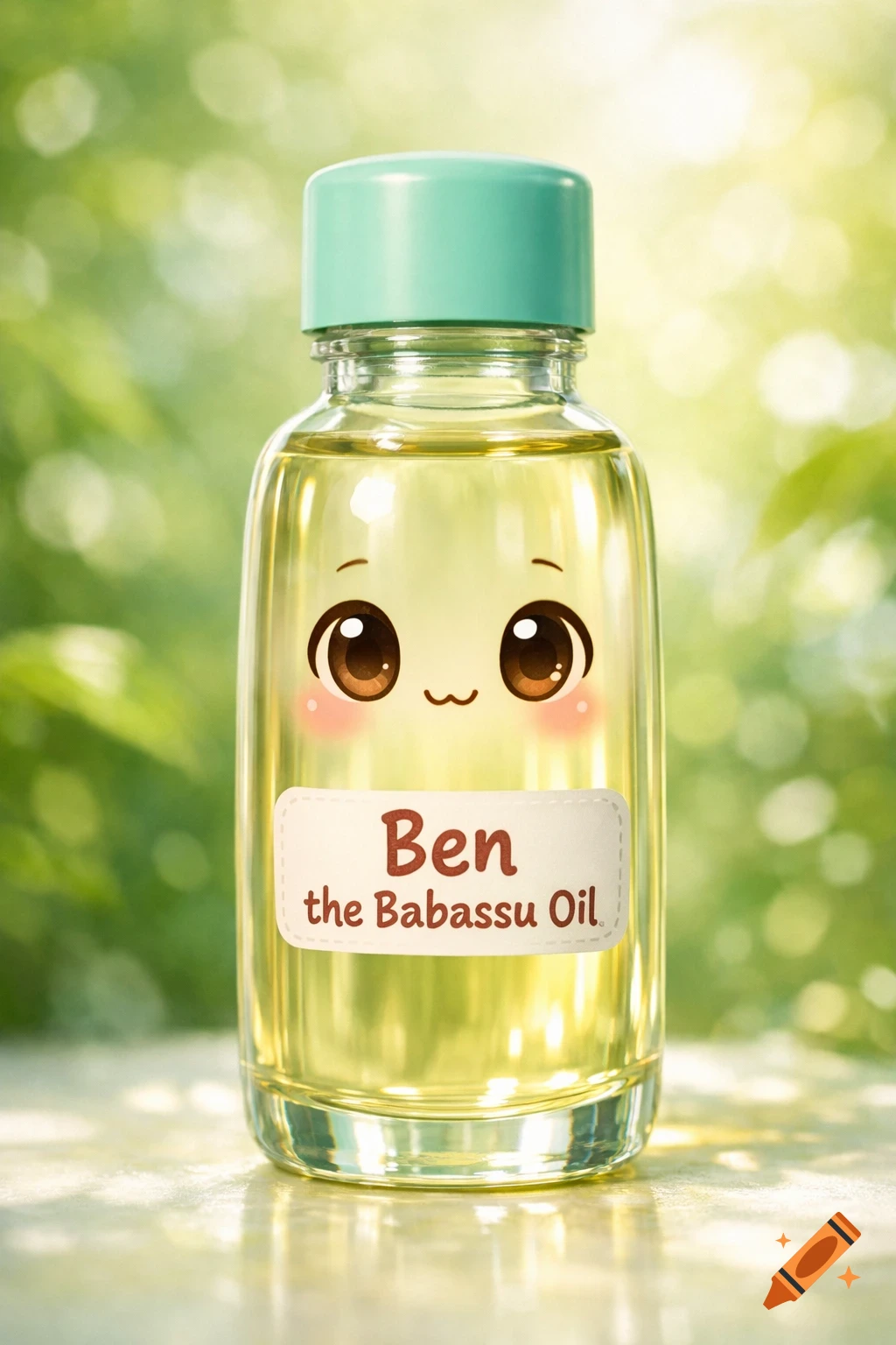 A clear bottle of yellow oil with a cute cartoon face and a mint-green ...